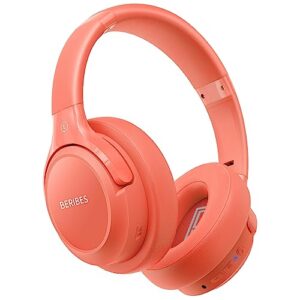 bluetooth headphones over ear,beribes 65h playtime and 6 eq music modes wireless headphones with microphone,hifi stereo foldable lightweight headset, deep bass for home office outdoors etc(orange red)