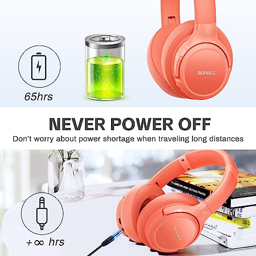 Bluetooth Headphones Over Ear,BERIBES 65H Playtime and 6 EQ Music Modes Wireless Headphones with Microphone,HiFi Stereo Foldable Lightweight Headset, Deep Bass for Home Office Outdoors Etc(Orange Red)