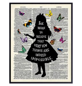 alice in wonderland butterfly wall art 11x14 - home office, girl, kids room decor - positive quotes wall decor - cheshire cat, mad hatter - lewis carroll quote poster with alice in wonderland decor