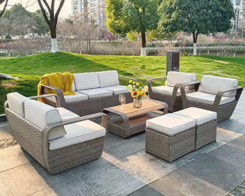 LEISU Outdoor Patio Furniture Sets 3 Pieces Wicker Rattan Outdoor Sectional Sofa Conversation Set for Garden Balcony Backyard Porch (Grey-Ottoman*2+Coffee Table)