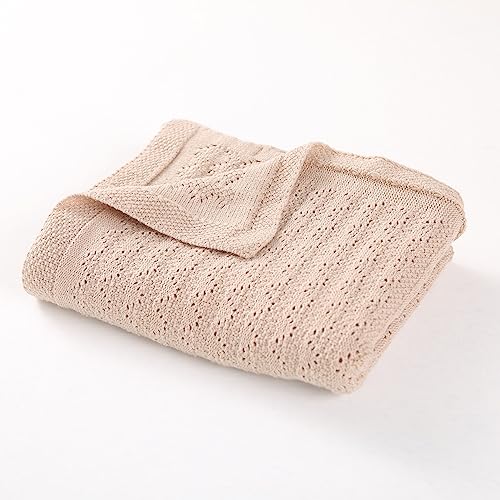 JNBLDA Baby Knitted Blankets Newborn Blanket Toddler Security Blanket Soft Cotton Knit Neutral Swaddle Blankets for Boys and Girls Light Khaki 40X30 Inches