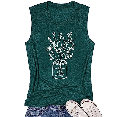 Hunnytia Women's Floral Plants Graphic Shirts Nature Sunflower Pattern Printed Tank Tops Athletic Camping Hiking Muscle Camis,Green L