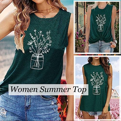 Hunnytia Women's Floral Plants Graphic Shirts Nature Sunflower Pattern Printed Tank Tops Athletic Camping Hiking Muscle Camis,Green L