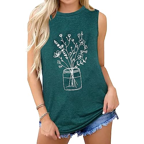 Hunnytia Women's Floral Plants Graphic Shirts Nature Sunflower Pattern Printed Tank Tops Athletic Camping Hiking Muscle Camis,Green L