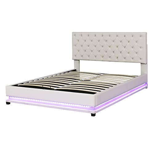 Lift Up Queen Size Storage Bed with LED Light, Velvet Upholstered Platform Bed with Adjustable Headboard, Modern Button Tufted Queen Bed Frame, No Box Spring Needed, White