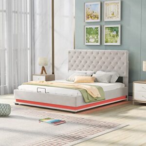 Lift Up Queen Size Storage Bed with LED Light, Velvet Upholstered Platform Bed with Adjustable Headboard, Modern Button Tufted Queen Bed Frame, No Box Spring Needed, White