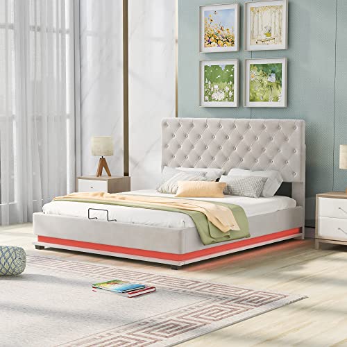 Lift Up Queen Size Storage Bed with LED Light, Velvet Upholstered Platform Bed with Adjustable Headboard, Modern Button Tufted Queen Bed Frame, No Box Spring Needed, White