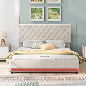 Lift Up Queen Size Storage Bed with LED Light, Velvet Upholstered Platform Bed with Adjustable Headboard, Modern Button Tufted Queen Bed Frame, No Box Spring Needed, White