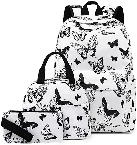 LEDAOU Backpack for Girls School Bag Kids Bookbag Teen Backpack Set Daypack with Lunch Bag and Pencil Case (Butterfly White)