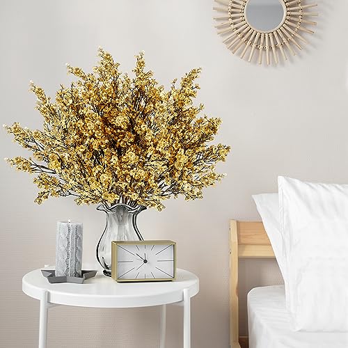 Sggvecsy 15 Pcs Babys Breath Artificial Flowers Gypsophila Bouquets Bulk Real Touch Fake Silk Flowers for Home Wedding DIY Floral Arrangement Kitchen Table Centerpiece Christmas Decoration (Gold)