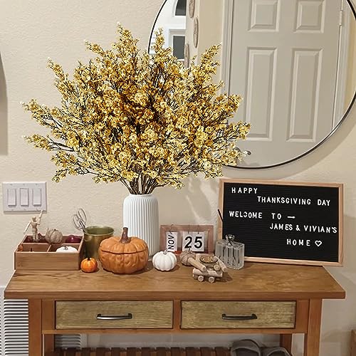 Sggvecsy 15 Pcs Babys Breath Artificial Flowers Gypsophila Bouquets Bulk Real Touch Fake Silk Flowers for Home Wedding DIY Floral Arrangement Kitchen Table Centerpiece Christmas Decoration (Gold)