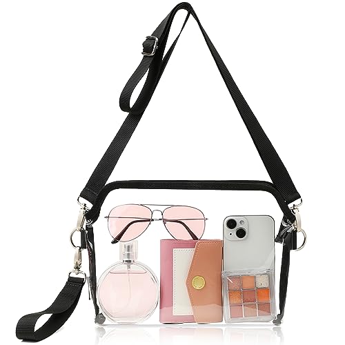 Vorspack Clear Bag Stadium Approved - Cute Clear Purse PVC Clear Stadium Bag with 2 Detachable Straps Clear Crossbody Bag for Women for Concerts Sports Events Festivals - Black