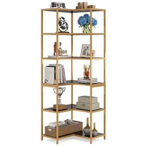 little tree 6-tier corner bookshelf: modern tall l-shaped corner bookcase large etagere book shelving unit storage display rack with metal frame for living room office bedroom, black & gold