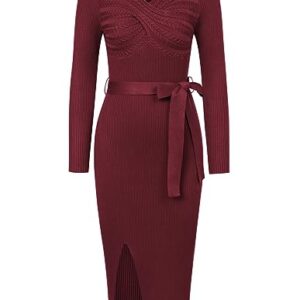 GRACE KARIN Women's V Neck Cable Knit Fall Sweater Dress Long Sleeve Tie Waist Bodycon Slit Pullover Midi Dress with Belt Wine L