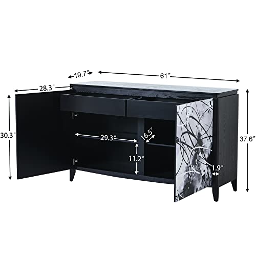 Modern Sideboard Buffet Storage Cabinet with 2 Drawers and 4 Shelves,Wooden Cabinet Console Table with 2 Decorative Doors for Hallway Entryway Living Room Bedroom (White+Black-003)