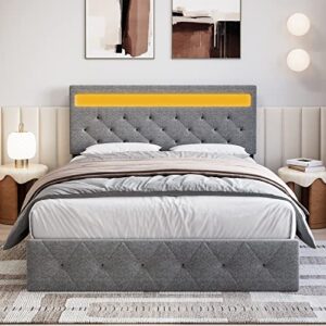 homhougo full bed frame with led lights headboard, led bed frame with fast-charging usb port, upholstered platform bed frame, no box spring needed, easy assembly, grey