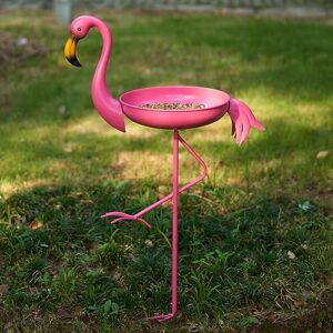 SMQLJXC 41 in Tall Flamingo Outdoor Bird Bath, Metal Bird Bath Bowl, Bird Feeder or Drinker Plate with Metal Stake, Home Garden Lawn Yard Decorations (Pink)