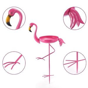 SMQLJXC 41 in Tall Flamingo Outdoor Bird Bath, Metal Bird Bath Bowl, Bird Feeder or Drinker Plate with Metal Stake, Home Garden Lawn Yard Decorations (Pink)