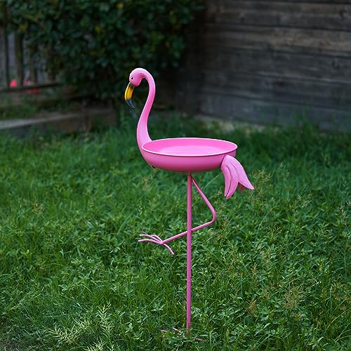 SMQLJXC 41 in Tall Flamingo Outdoor Bird Bath, Metal Bird Bath Bowl, Bird Feeder or Drinker Plate with Metal Stake, Home Garden Lawn Yard Decorations (Pink)