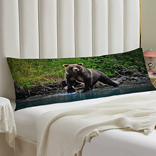 Body Pillow Cover,Grizzly Brown Bear in Lake Alaska Untouched Forest Jungle Printed Long Pillow Cases Protector with Zipper Decor Soft Large Covers Cushion for Beding,Couch,Sofa,Home Gift 20"x54"