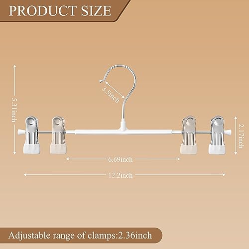 HWAJAN Pants Hangers with Clips 10 Pack Adjustable Skirt Hangers for Women Non-Slip Trousers Hanger for Jeans Clothes Hangers for Pants Heavy Duty Space Saving Shorts Hangers,White,12Inch