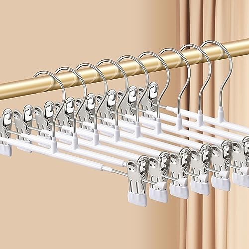 HWAJAN Pants Hangers with Clips 10 Pack Adjustable Skirt Hangers for Women Non-Slip Trousers Hanger for Jeans Clothes Hangers for Pants Heavy Duty Space Saving Shorts Hangers,White,12Inch