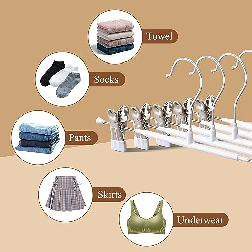 HWAJAN Pants Hangers with Clips 10 Pack Adjustable Skirt Hangers for Women Non-Slip Trousers Hanger for Jeans Clothes Hangers for Pants Heavy Duty Space Saving Shorts Hangers,White,12Inch