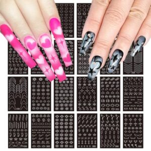 24 sheets airbrush stencils nail stickers for nail art, french nail decals printing template stencil tool moon stars heart butterfly french design hollow (154 designs)