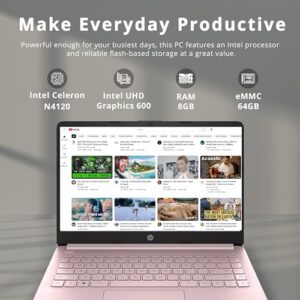 HP 2022 Stream 14" HD BrightView Laptop, Intel Celeron N4020 Processor, 8GB RAM, 64GB SSD, Intel HD Graphics, 720p Webcam, 1 Year Office 365, Pink, Win 11, 32GB Snowbell USB Card