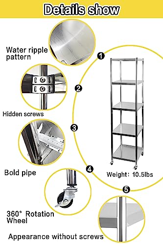 MAGG HEVI Stainless Steel Bathroom Storage Shelves 5-Tier Storage Shelves with Wheels Flower Plant Stand Heavy Duty Shelving,Metal Corner Shelf for Bathroom/Bedroom/Kitchen/Livingroom