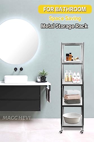 MAGG HEVI Stainless Steel Bathroom Storage Shelves 5-Tier Storage Shelves with Wheels Flower Plant Stand Heavy Duty Shelving,Metal Corner Shelf for Bathroom/Bedroom/Kitchen/Livingroom