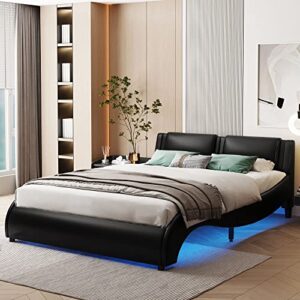 anwickhomk full size faux leather upholstered platform bed,modern wave like led bed frame with led light/headboard/wood slatted supports,no box spring needed (black)