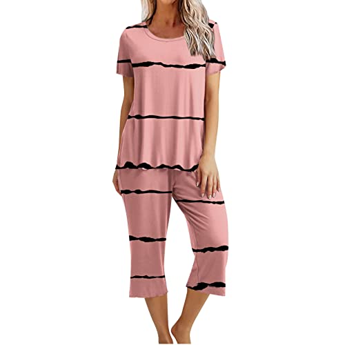 MRGIINRI Pajamas for Women 2023 Summer Trendy Short Sleeve Sleepshirt and Capri Pants Pjs Sets Loungewear with Pockets