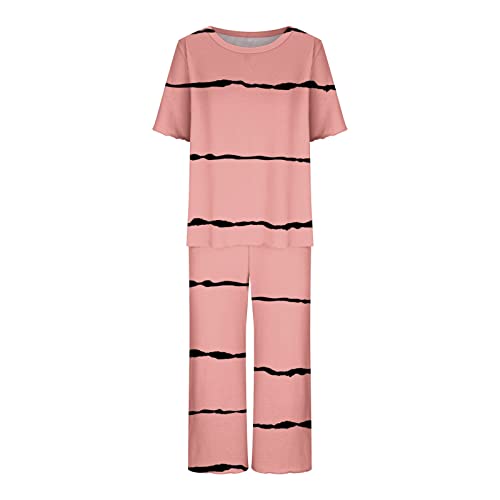 MRGIINRI Pajamas for Women 2023 Summer Trendy Short Sleeve Sleepshirt and Capri Pants Pjs Sets Loungewear with Pockets