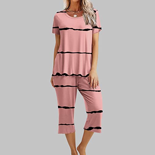 MRGIINRI Pajamas for Women 2023 Summer Trendy Short Sleeve Sleepshirt and Capri Pants Pjs Sets Loungewear with Pockets