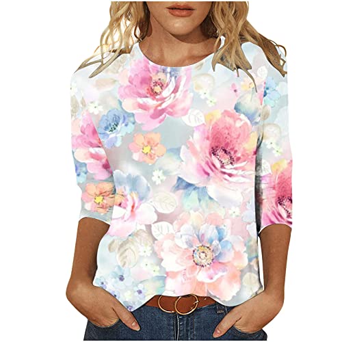 Deals of The Day Lightning Deals Today Prime 2023 Ladies Tops and Blouses 3/4 Sleeve Cute Floral Print Boho Tops for Women Plus Size Trendy Crewneck Womens Tops Summer 2023 Summer Casual