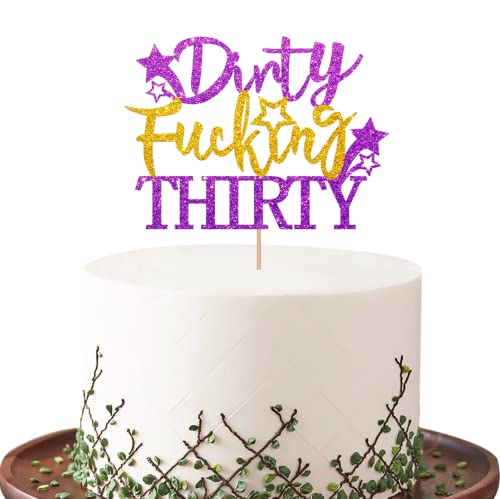 Dirty Thirty Cake Topper, Happy 30th Birthday Cake Topper, Purple & Gold Glitter Cake Decor for Thirty Birthday Party, Cheers to 30 Years Old Birthday Party Decorations