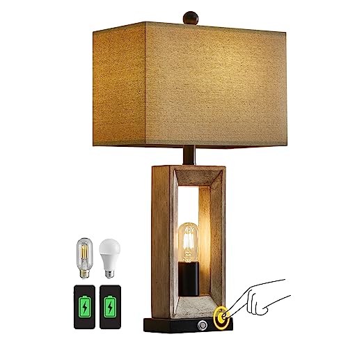 G-SAFAVA 25" Farmhouse USB C+A Charging Ports 3-Way Dimmable Touch Control Brown and Black Table Lamp with Nightlight Vintage Modern Lamps for Living Room Bedroom Hotel(2 Bulbs Included)