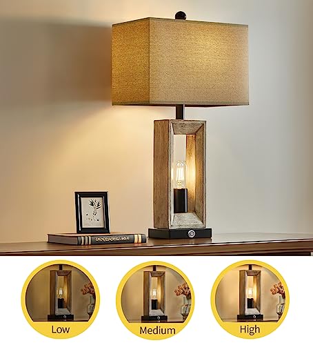 G-SAFAVA 25" Farmhouse USB C+A Charging Ports 3-Way Dimmable Touch Control Brown and Black Table Lamp with Nightlight Vintage Modern Lamps for Living Room Bedroom Hotel(2 Bulbs Included)