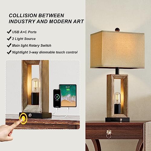 G-SAFAVA 25" Farmhouse USB C+A Charging Ports 3-Way Dimmable Touch Control Brown and Black Table Lamp with Nightlight Vintage Modern Lamps for Living Room Bedroom Hotel(2 Bulbs Included)