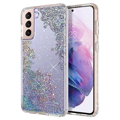 KIOMY Clear Glitter Case with Laser Lace Design for Samsung Galaxy S21 5G, Slim Fit Sparkle Fashion Flower Back Cover for Girl Women, Flexible TPU Sparkly Cute Floral Skin for Samsung S21 (Slim, Lace)