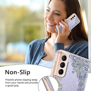 KIOMY Clear Glitter Case with Laser Lace Design for Samsung Galaxy S21 5G, Slim Fit Sparkle Fashion Flower Back Cover for Girl Women, Flexible TPU Sparkly Cute Floral Skin for Samsung S21 (Slim, Lace)