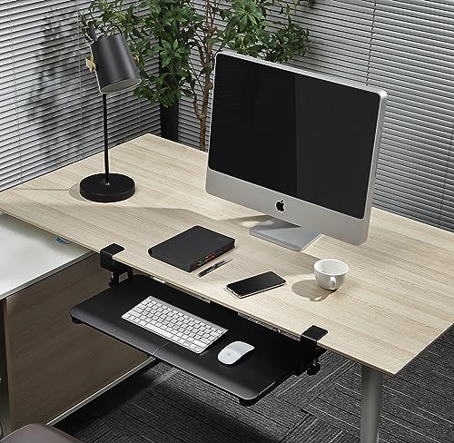 VONDETYR Clamp-on Rotating Computer Keyboard and Mouse Tray, Slide Out with Sturdy C-Clamp Mount,Ergonomic Typing, Black