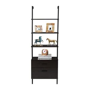 industrial bookshelf with wood drawers and matte steel frame,wood metal ladder bookshelf, industrial 5-tier black bookcase with storage cabinet,for living room, shelves for storage bedroom