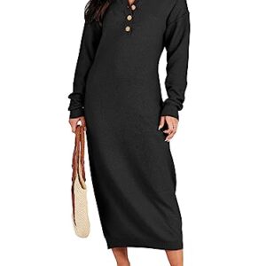 ANRABESS Women Sweater Maxi Dress Long Sleeve Button V Neck Oversized Casual Loose Waffle Knit Fall Long Midi Sweater Dress 2023 Trendy Outfits 1130heise-L Black