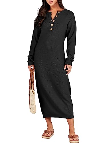 ANRABESS Women Sweater Maxi Dress Long Sleeve Button V Neck Oversized Casual Loose Waffle Knit Fall Long Midi Sweater Dress 2023 Trendy Outfits 1130heise-L Black