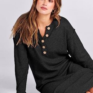 ANRABESS Women Sweater Maxi Dress Long Sleeve Button V Neck Oversized Casual Loose Waffle Knit Fall Long Midi Sweater Dress 2023 Trendy Outfits 1130heise-L Black