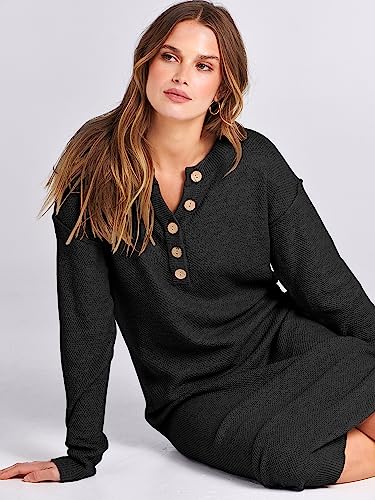 ANRABESS Women Sweater Maxi Dress Long Sleeve Button V Neck Oversized Casual Loose Waffle Knit Fall Long Midi Sweater Dress 2023 Trendy Outfits 1130heise-L Black