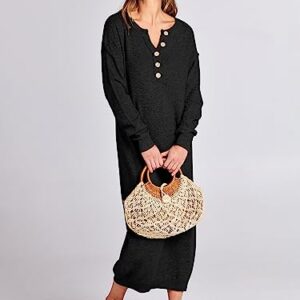 ANRABESS Women Sweater Maxi Dress Long Sleeve Button V Neck Oversized Casual Loose Waffle Knit Fall Long Midi Sweater Dress 2023 Trendy Outfits 1130heise-L Black