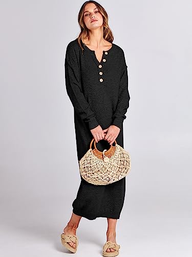 ANRABESS Women Sweater Maxi Dress Long Sleeve Button V Neck Oversized Casual Loose Waffle Knit Fall Long Midi Sweater Dress 2023 Trendy Outfits 1130heise-L Black